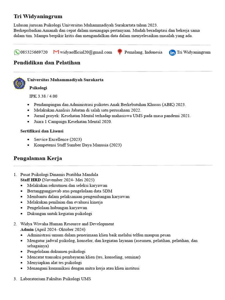 Profil Tri Widyaningrum: Lulusan Psikologi | PDF