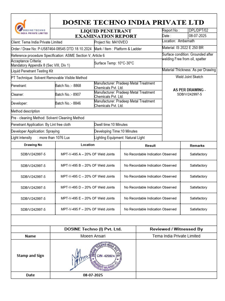 Liquid Penetrant Examination Report | PDF | Welding | Construction