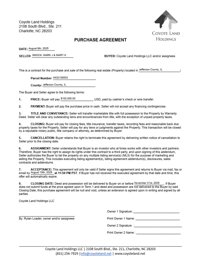 Purchase Agreement - Smock | PDF | Conveyancing | Business Law