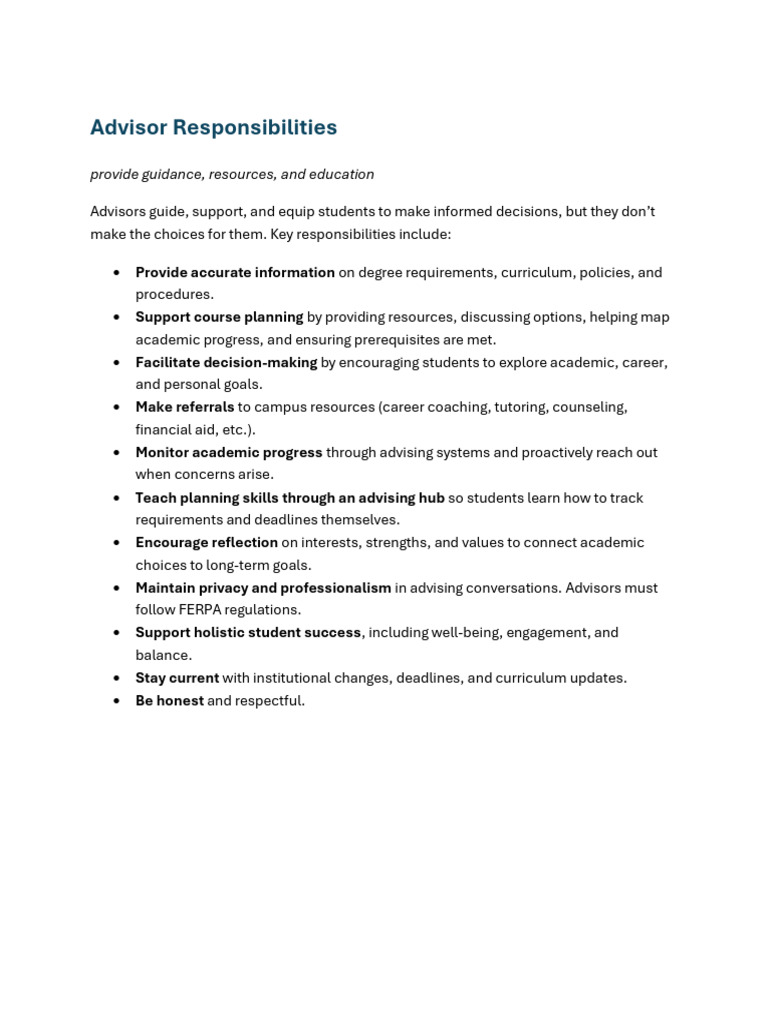 Advisor Advisee Responsibilities | PDF | Curriculum | Learning