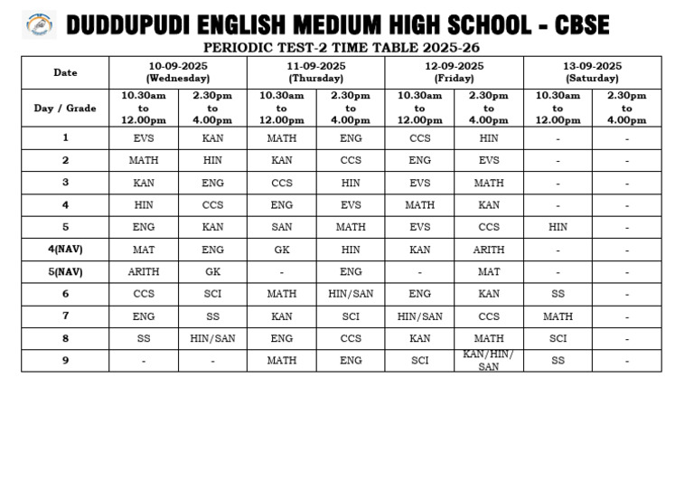 Grade 1 - 9 PT-2 Time Table 2025-26 | PDF