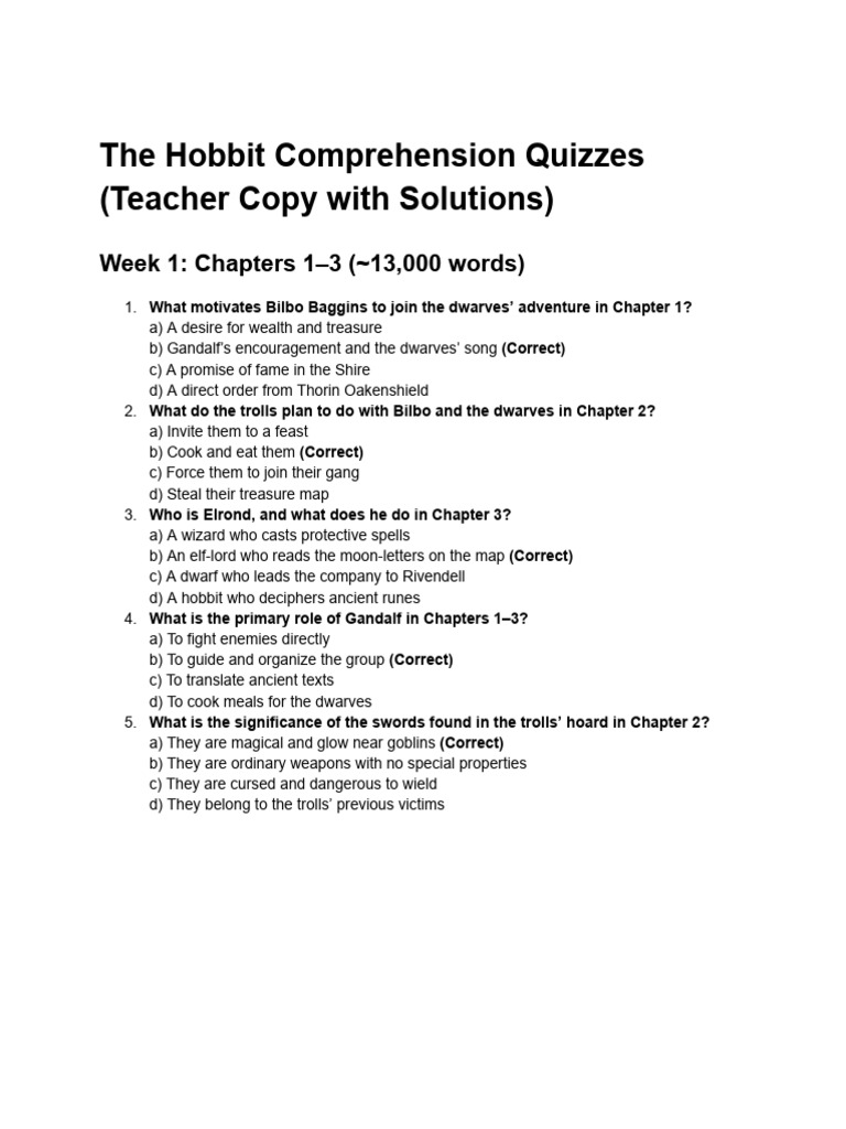 Hobbit Comprehension Quizzes with Answers | PDF | Bilbo Baggins | The ...