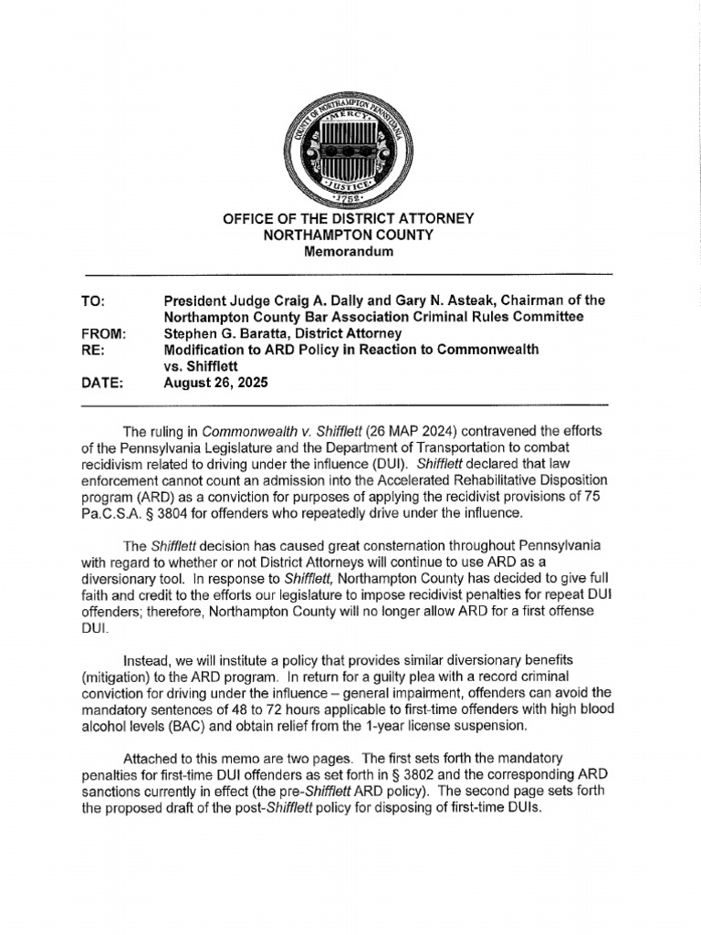 DA Memo On New ARD Policy For DUI | PDF