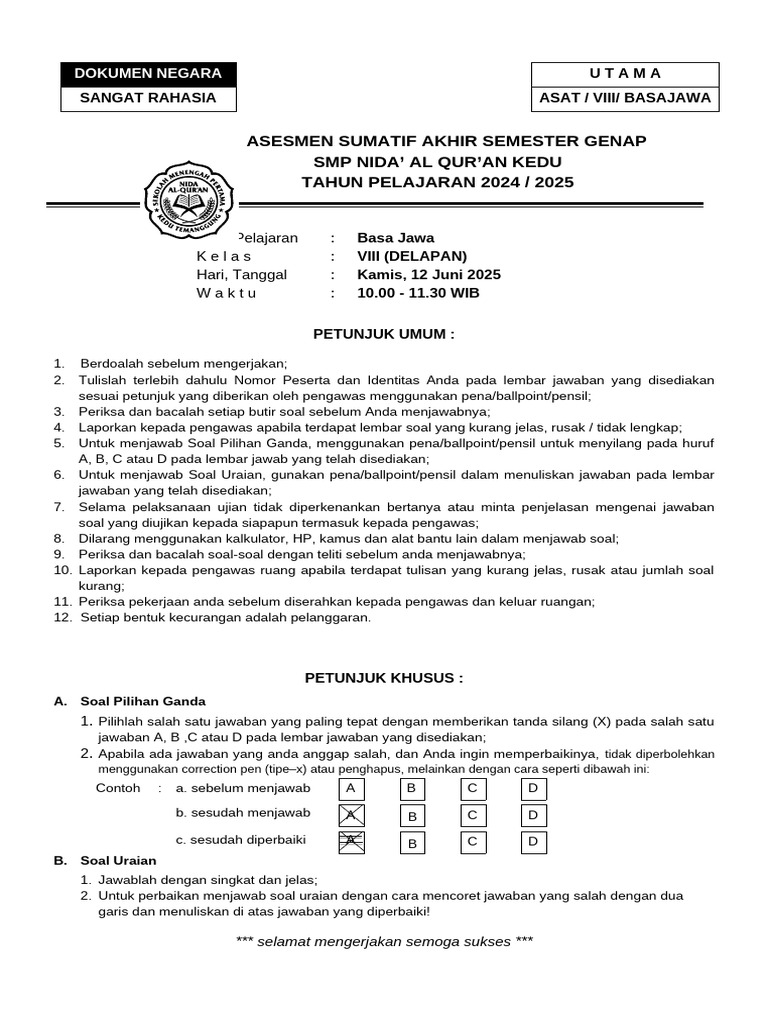Master Soal ASAT 2024-2025 BJAWA 8 | PDF