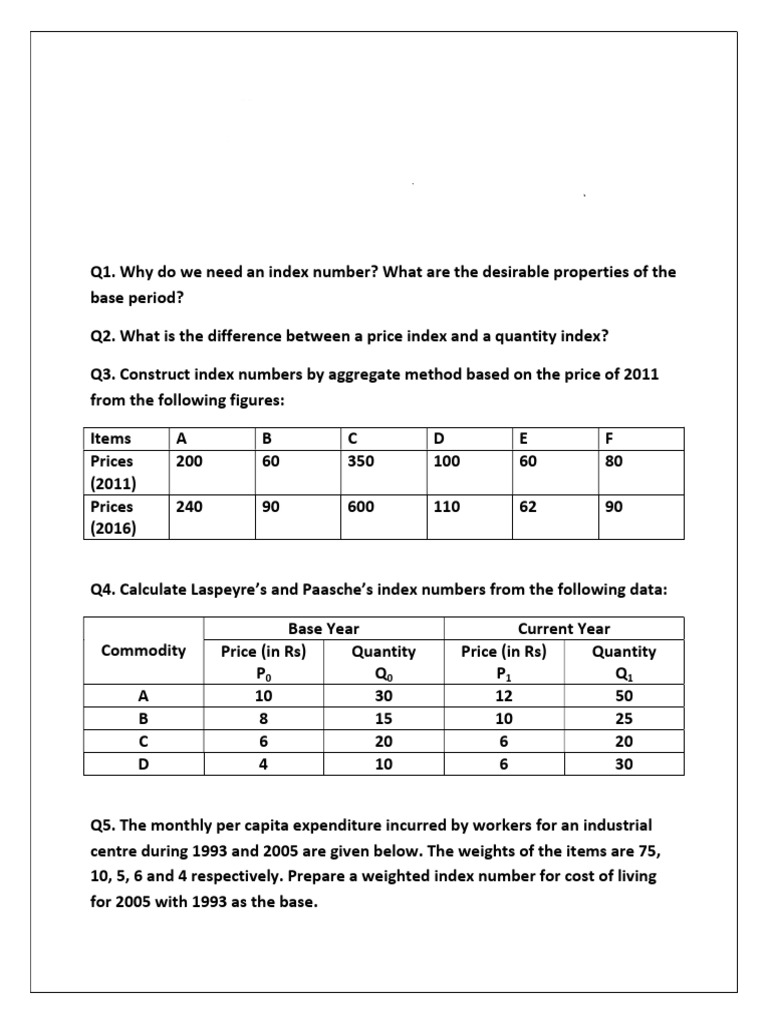 Index Numbers Worksheet | PDF
