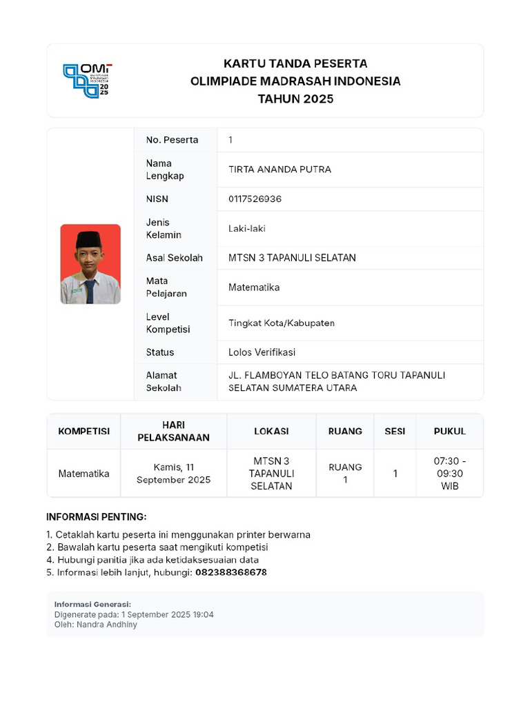 Kartu Peserta Tirta Ananda Putra 2025 09 08 | PDF