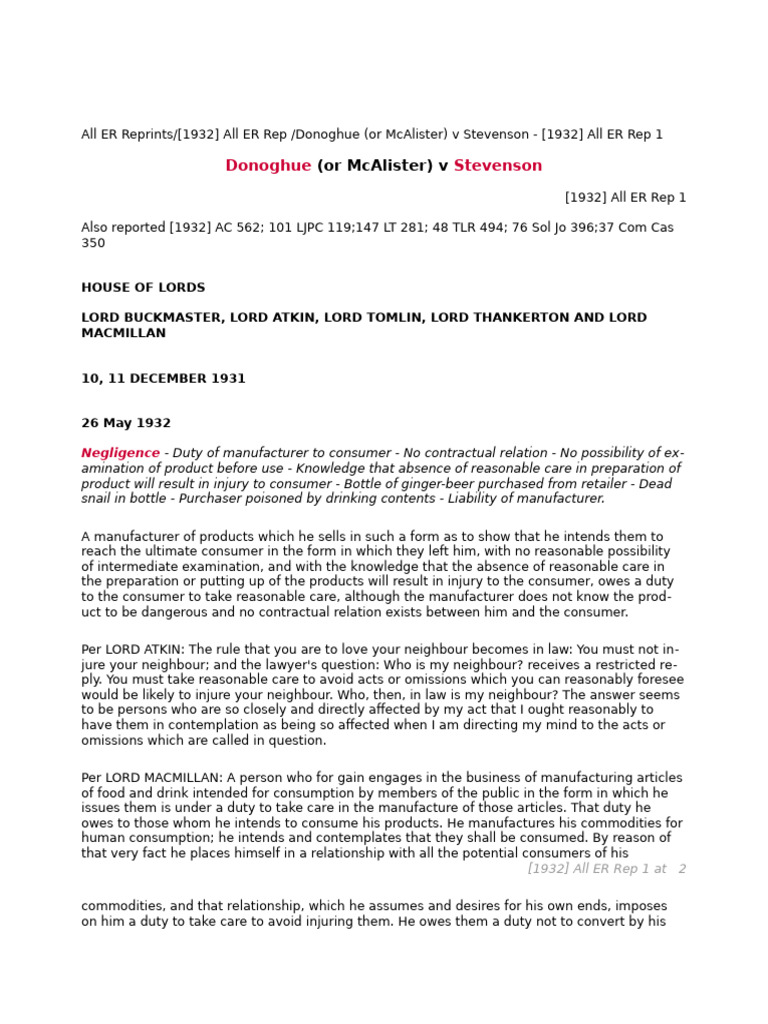 Donoghue v Stevenson Case Summary | PDF | Duty Of Care | Negligence