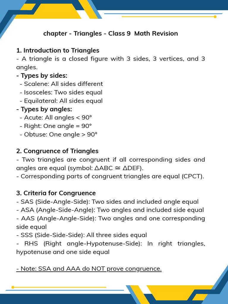 Revision Notes For Triangles - Mathematics | PDF