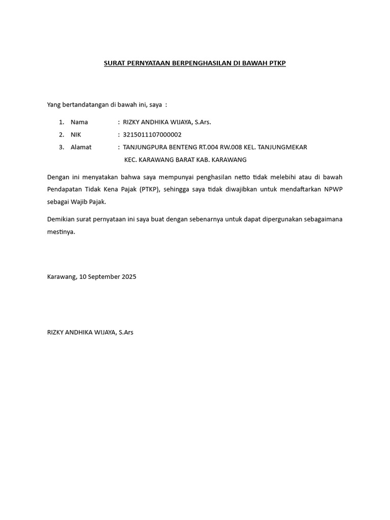 Surat Pernyataan Penghasilan di Bawah PTKP | PDF