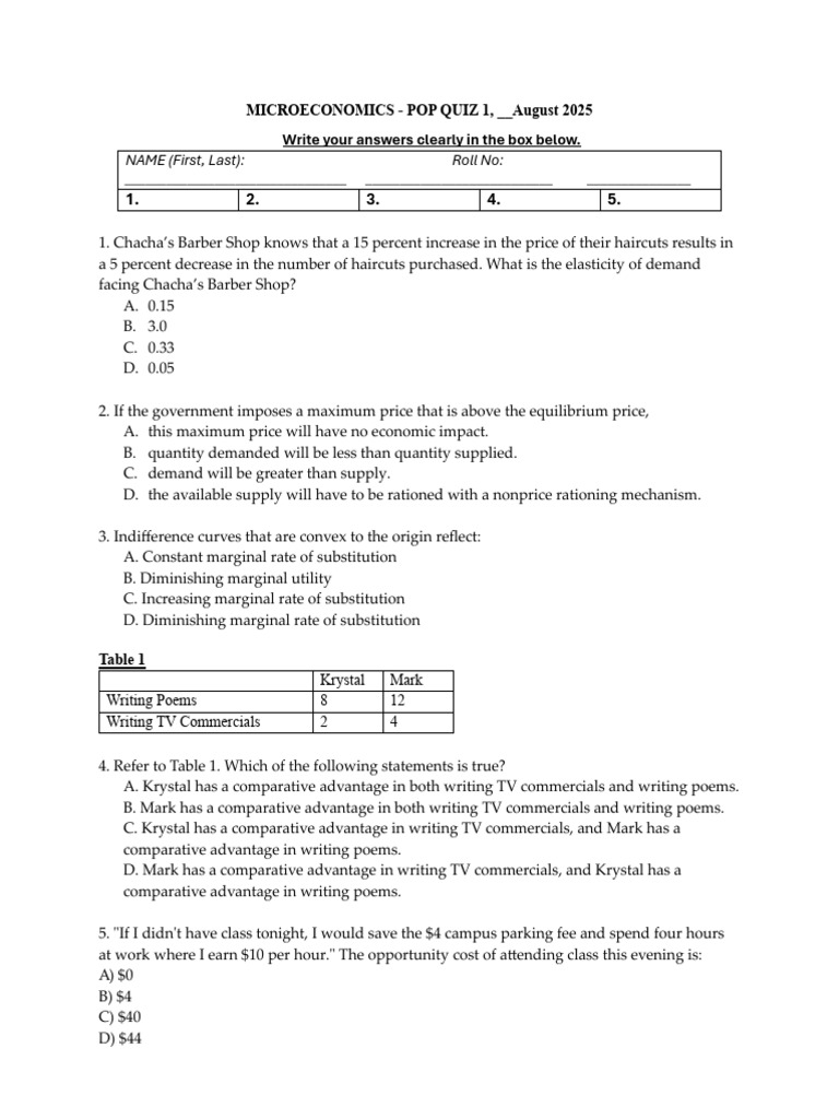 MicroEcon Pop Quiz 1 | PDF