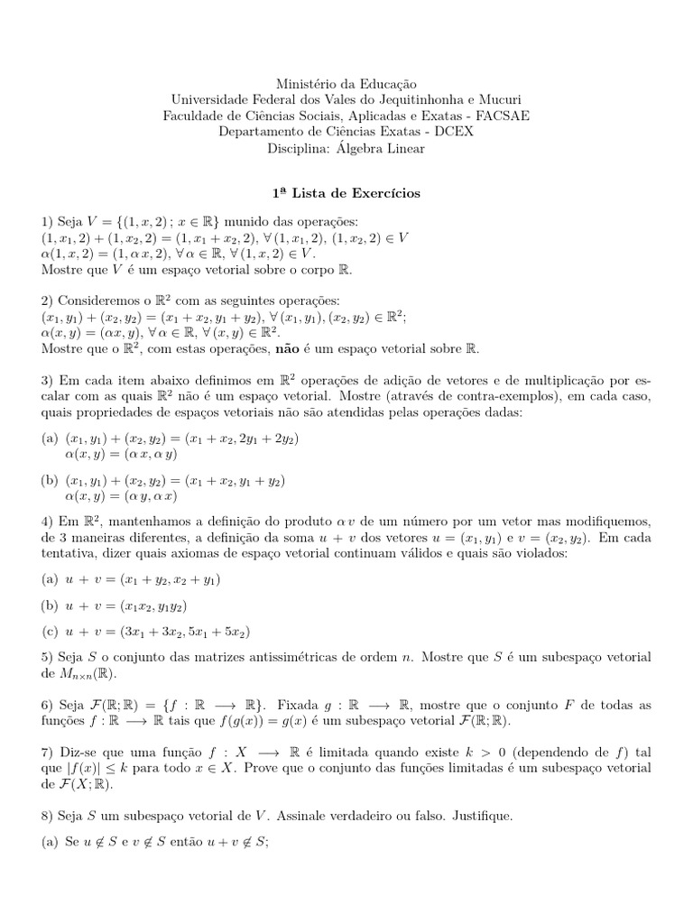 Exercícios de Álgebra Linear e Espaços Vetoriais | PDF | Espaço ...