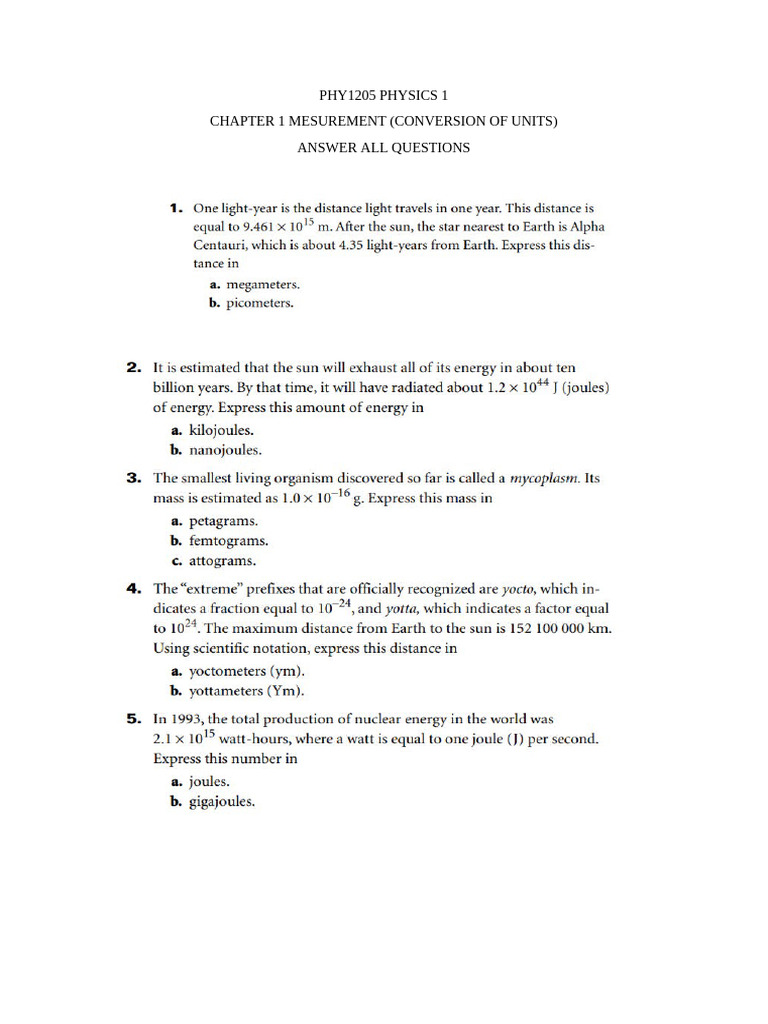 Tutorial 1 Chapter 1 (Conversion of Units) (With Answer) | PDF