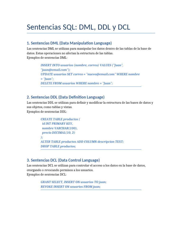 Sentencias SQL DML DDL DCL | PDF