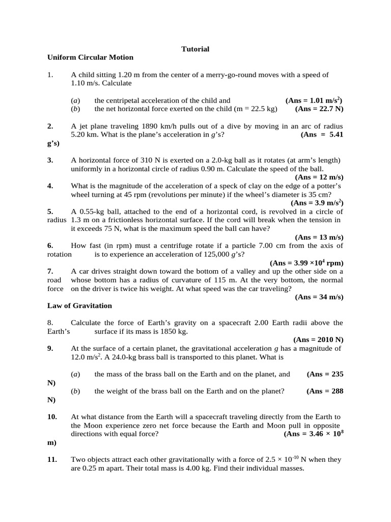 Tutorial Gravitation and Circular Motion (Q) | PDF | Force | Gravity