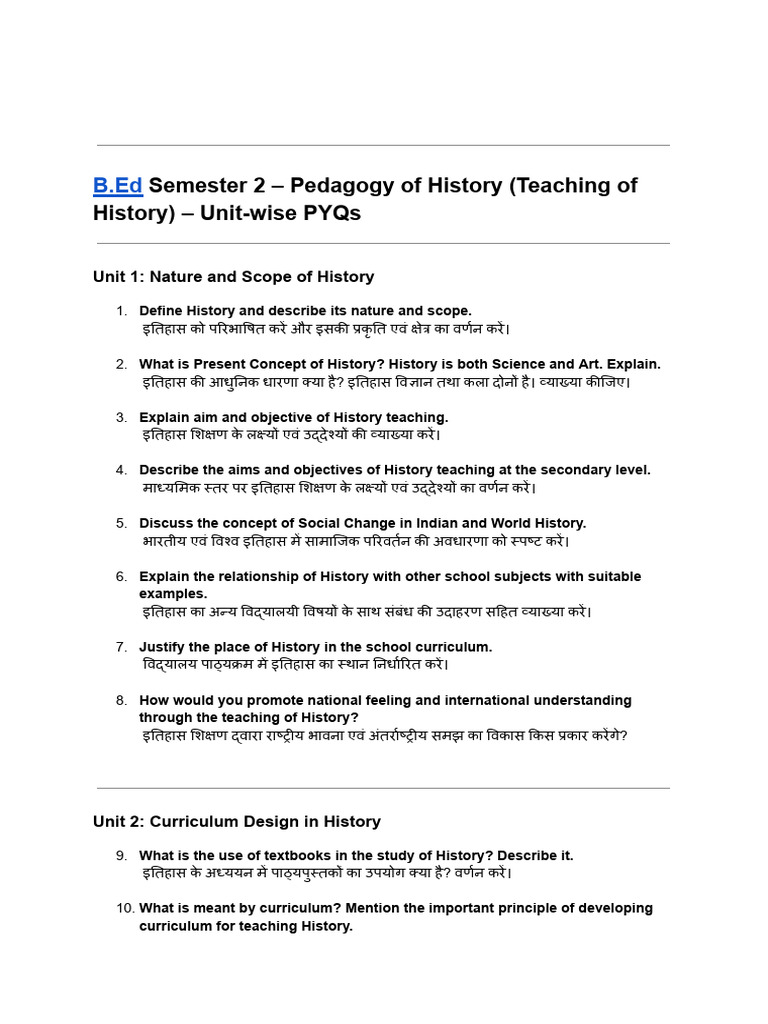 Semester 2 - Pedagogy of History Teaching of History - Unit Wise | PDF