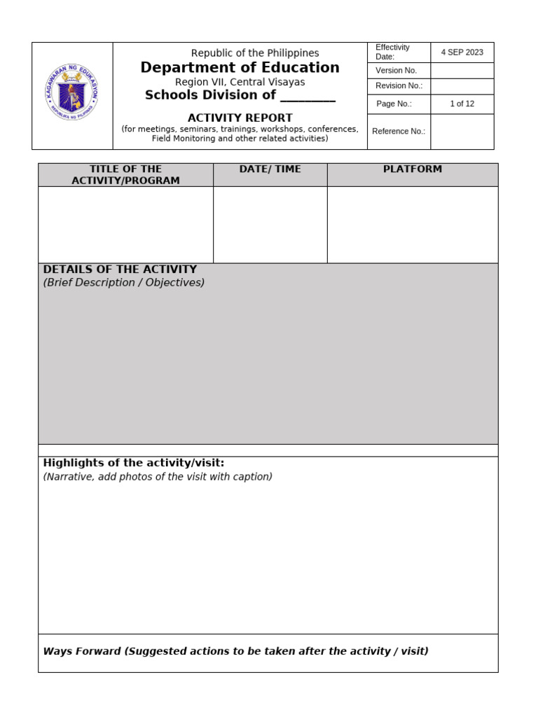 Activity Report Template Inayawan National High School | PDF