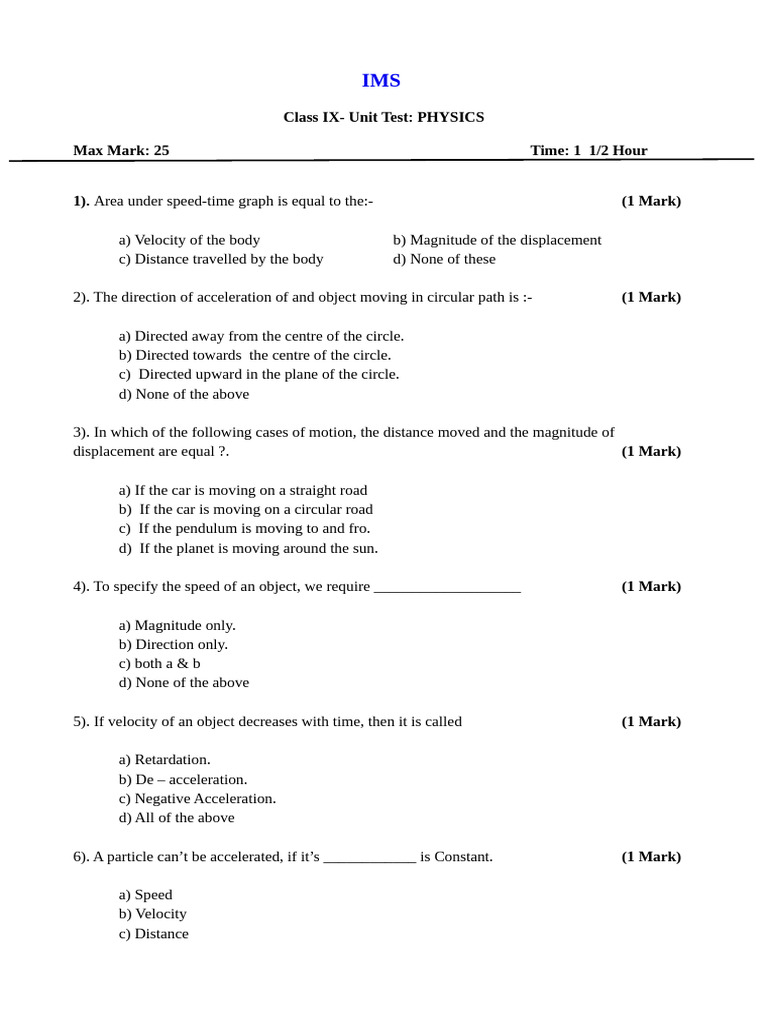 Class IX Physics Unit Test Questions | PDF | Acceleration | Speed