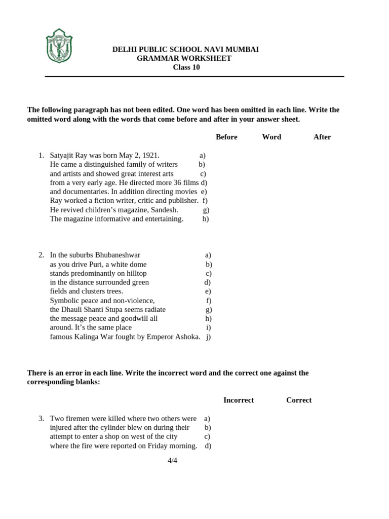 Class 10 Grammar Worksheet | PDF