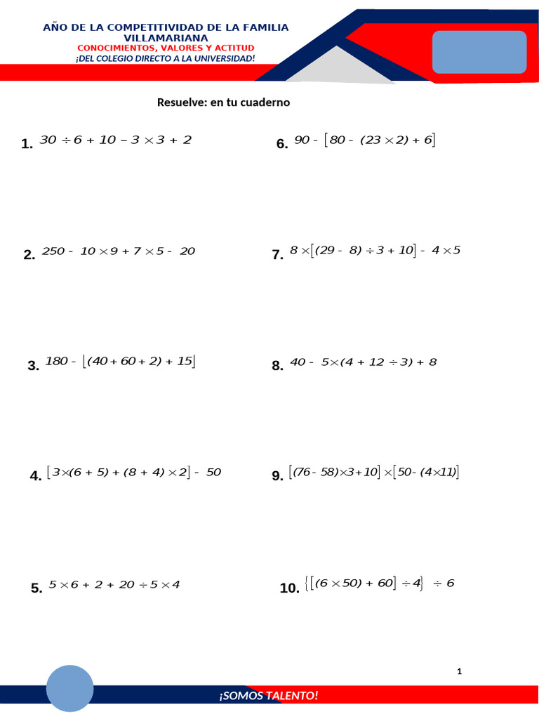 Ficha Tarea Algebra 4to Grado Operaciones Combinadas 2025 | PDF