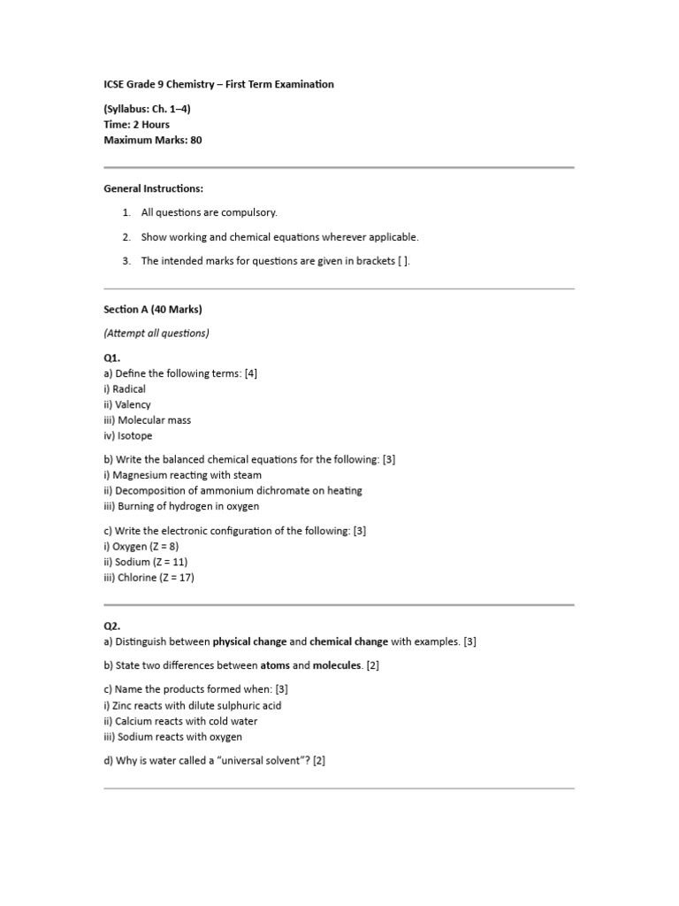 ICSE Grade 9 Chemistry Exam Guide | PDF | Salt (Chemistry) | Chemical ...