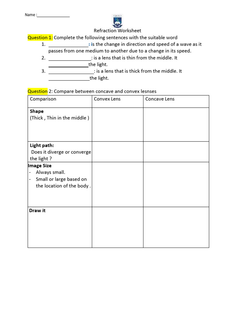 Refraction Worksheet for Students | PDF | Refraction | Light