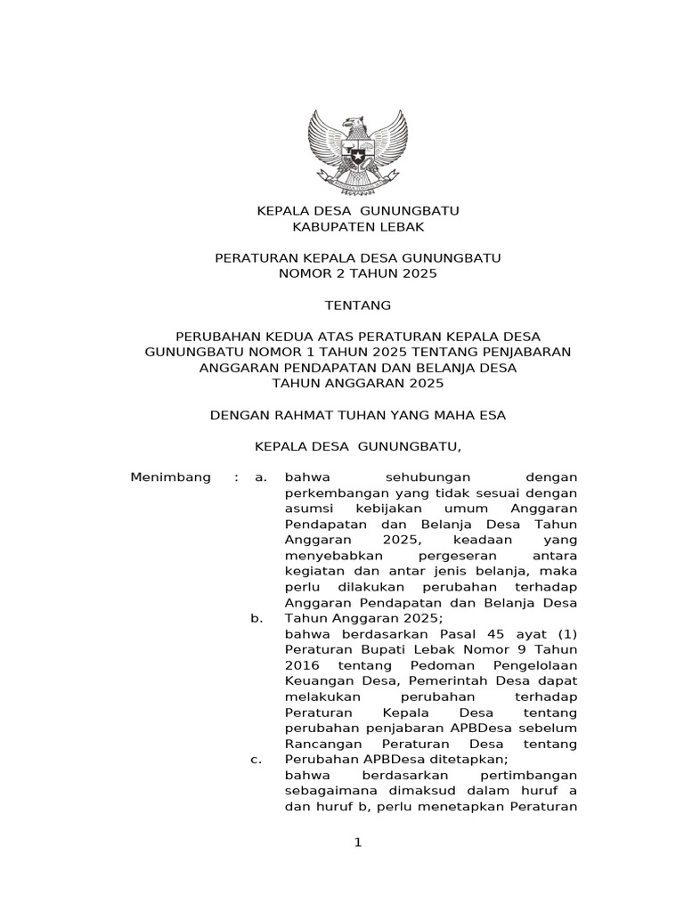 Draf Perkades P-APBDesa TA 2025 | PDF