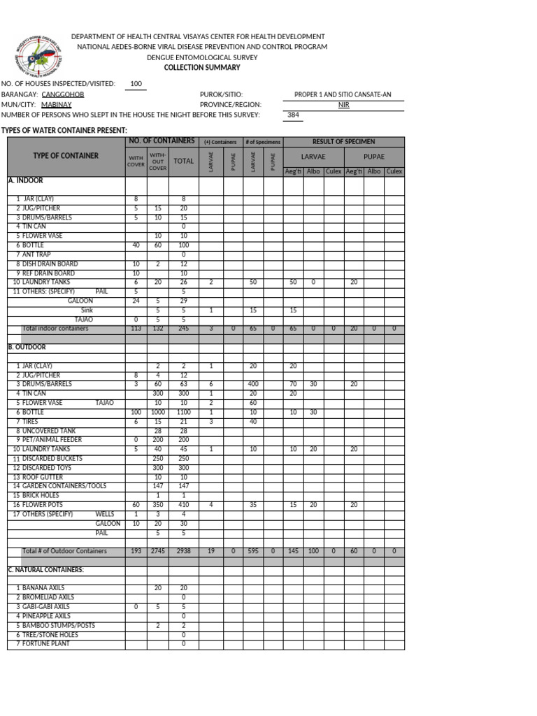 Dengue Entomological Survey Summary | PDF | Insects