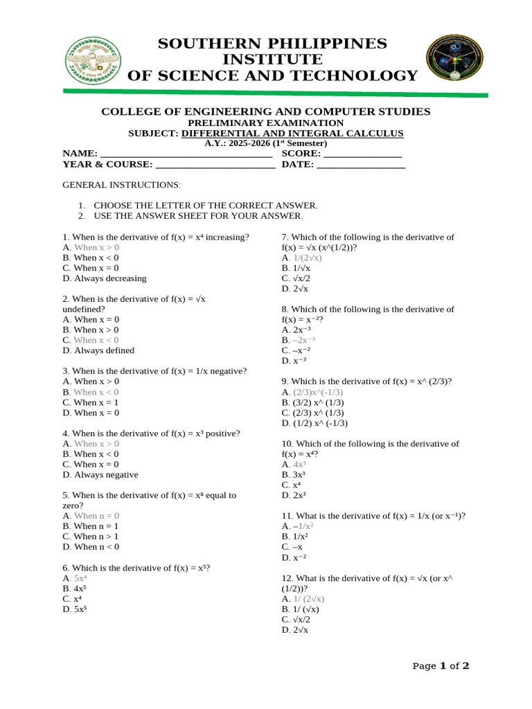 Prelim Exam in Diff. & Intg'l Cal.. - Comp Studies | PDF ...
