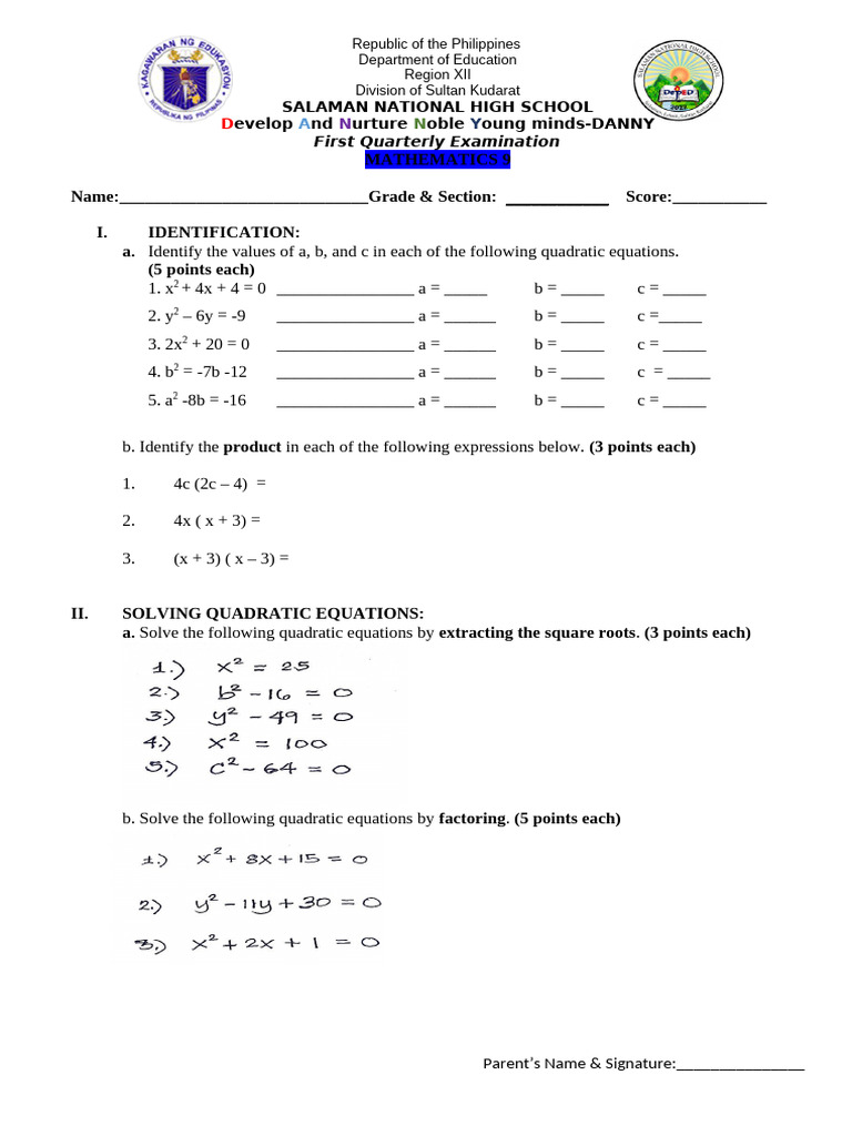 Math 9 Quarterly Exam: Quadratic Equations | PDF