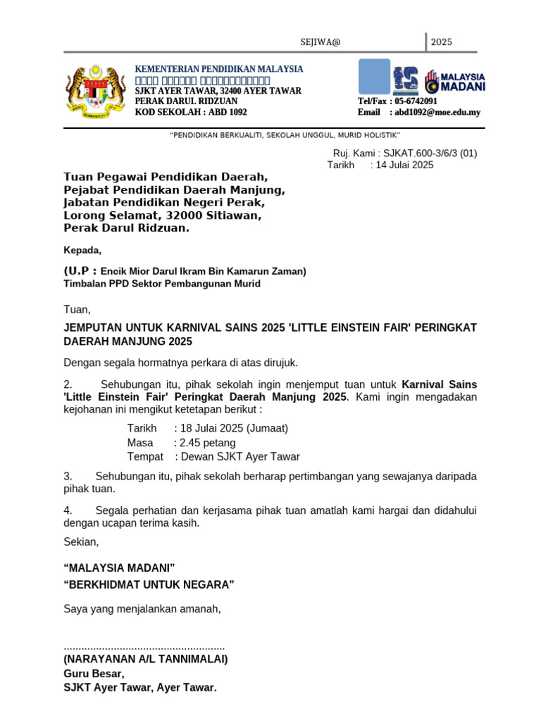 Surat Jemputan Mior Untuk Karnival Sains PPD 2025 | PDF