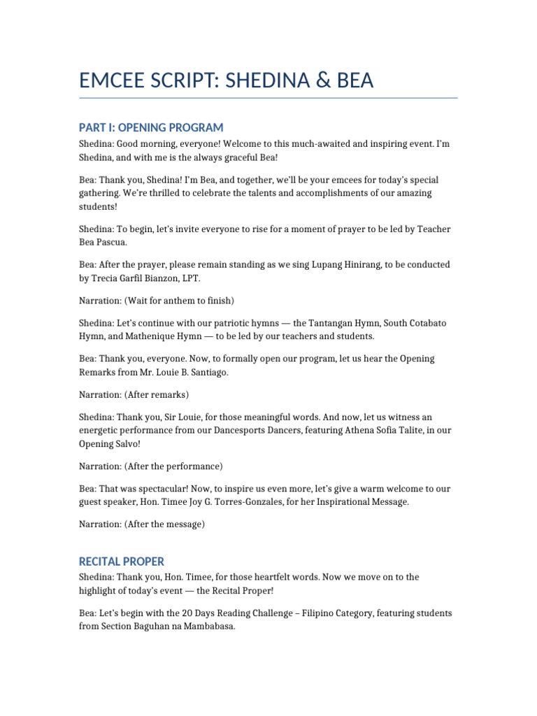Emcee Script for English Month Event | PDF