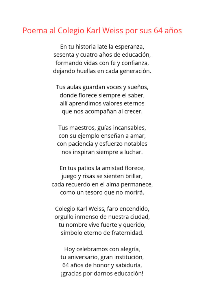 Poema Celebrando 64 Años del Colegio Karl Weiss | PDF