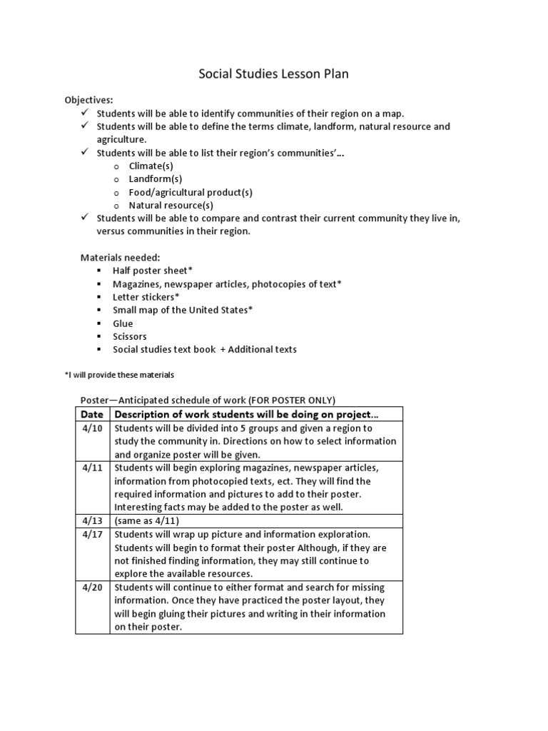 Social Studies Lesson Plan: Date Description of Work Students Will Be ...