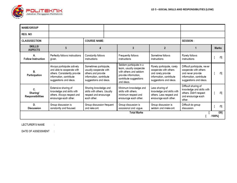 Social Skills Assessment Rubric | PDF