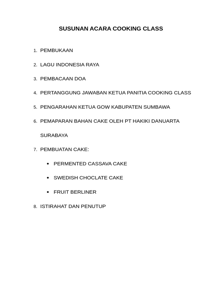 Susunan Acara Kelas Memasak Cake | PDF