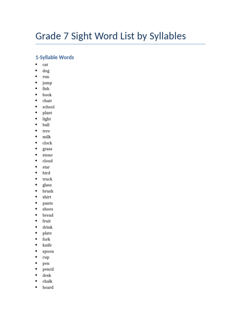 Grade 7 Sight Words by Syllables | PDF