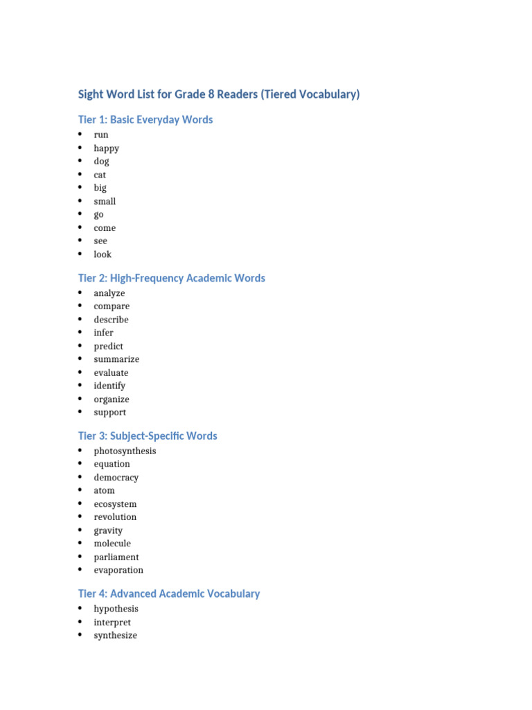 Grade8 Sight Word List Tiered | PDF