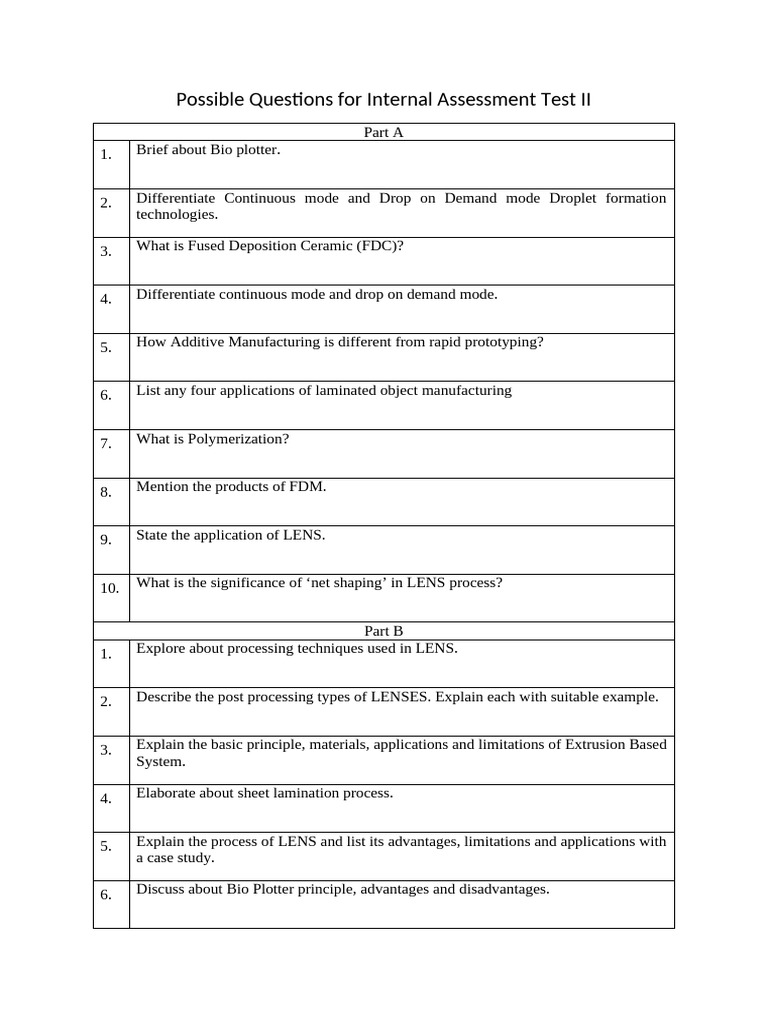 Internal Assessment Test II: Additive Manufacturing Questions | PDF
