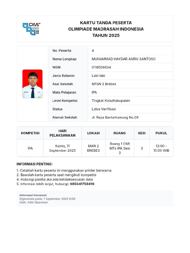 Kartu Peserta Muhammad Haydar Amru Santoso 2025-09-08 | PDF