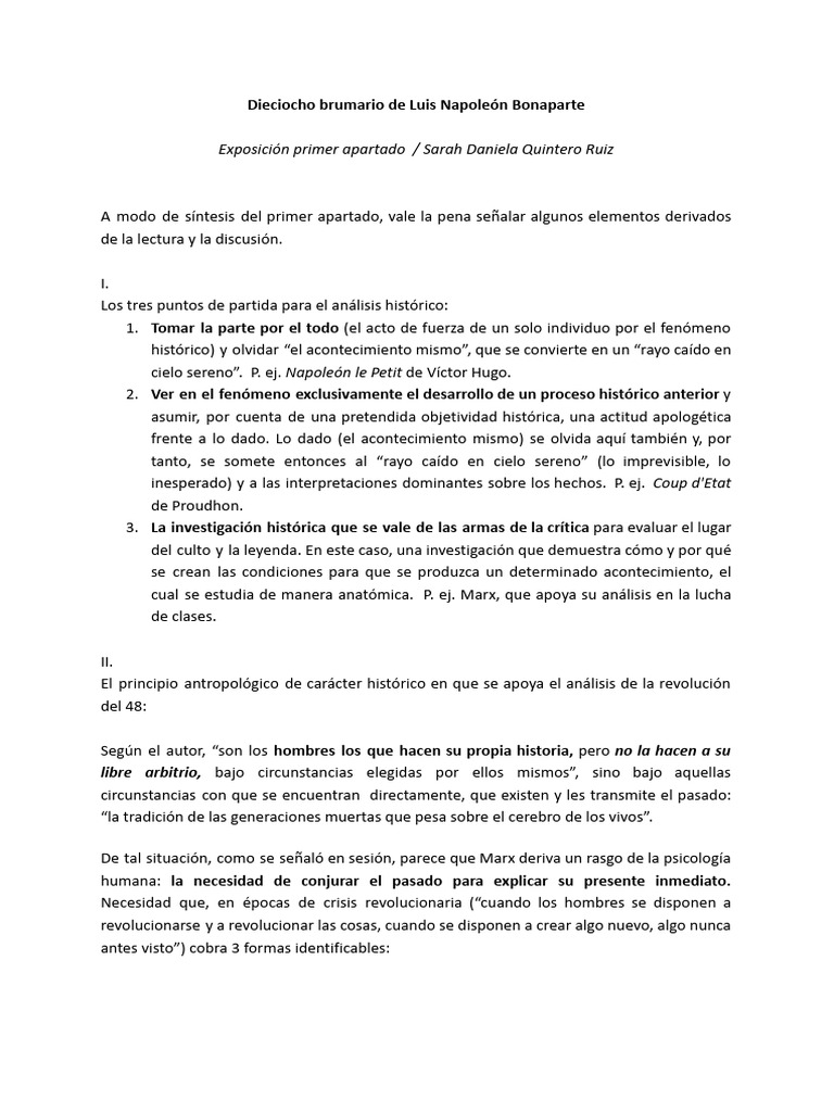 18 Brumario de Luis Napoleón Bonaparte - Síntesis Del Primer Apartado ...