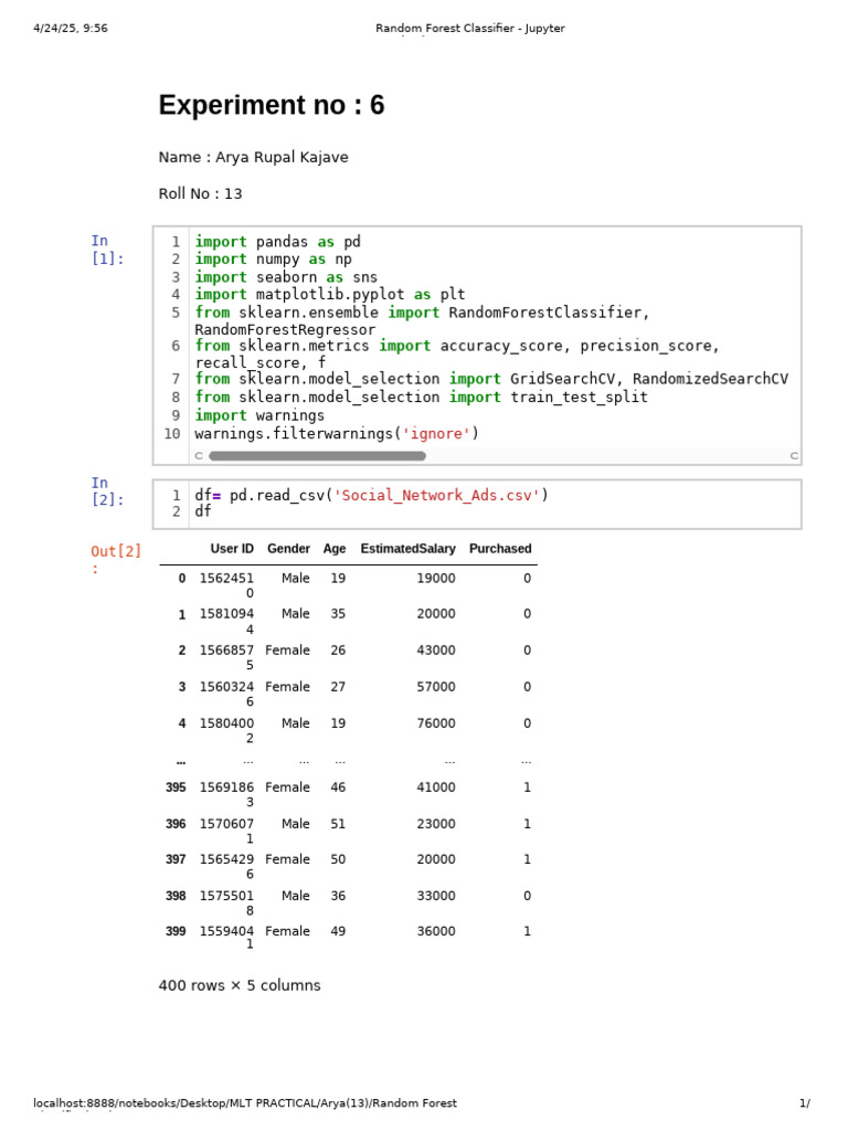 Random Forest Classifier (Experiment No 6) | PDF | Machine Learning