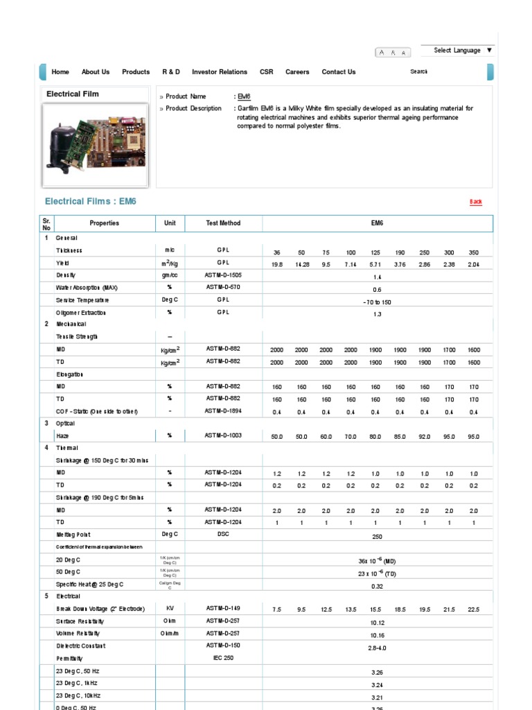 Garware Polyester Limited-Electrical Films EM6, Thickness, Unit, Yield ...