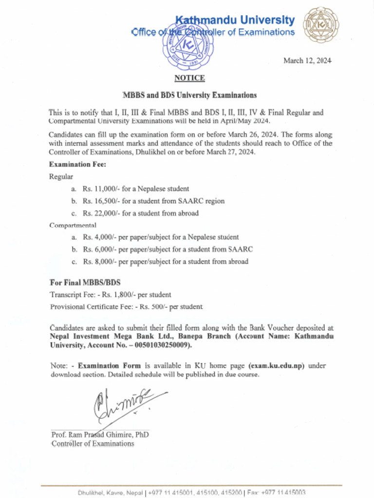 Exam Form Fill Up Notice MBBS and BDS April May 2024 | PDF