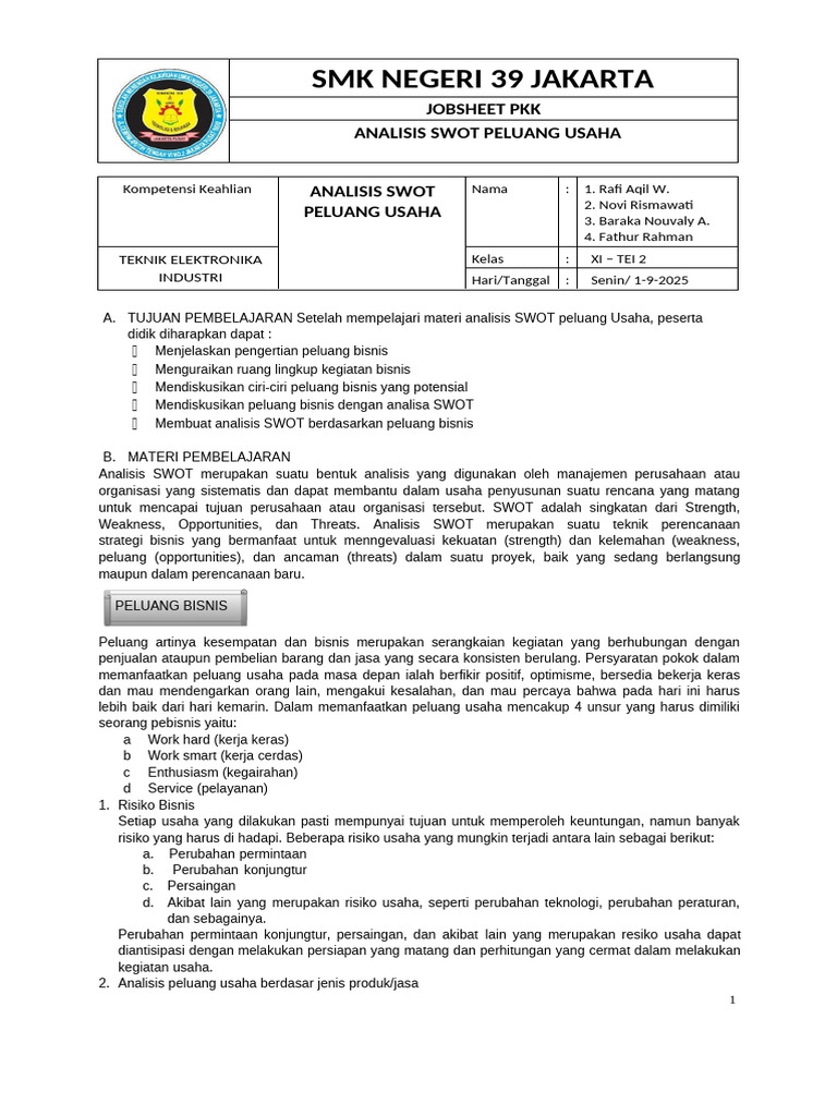 LKPD Analisis Swot Peluang Usaha Rafi Aqil | PDF
