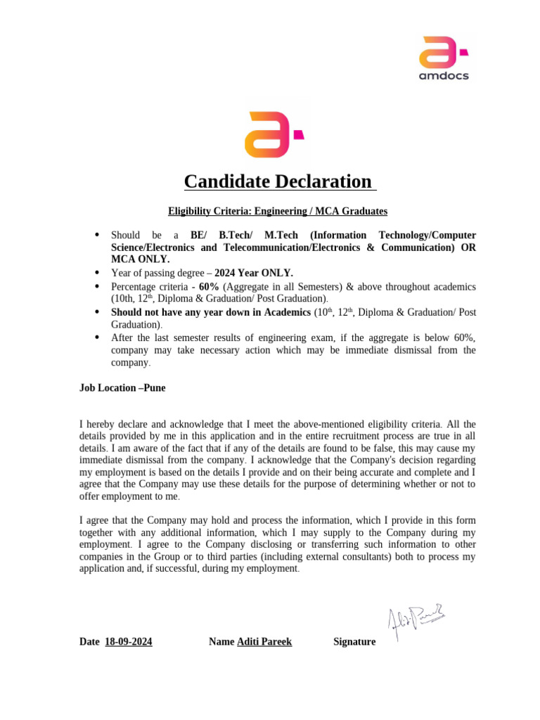 2024 Engineering/MCA Candidate Declaration | PDF
