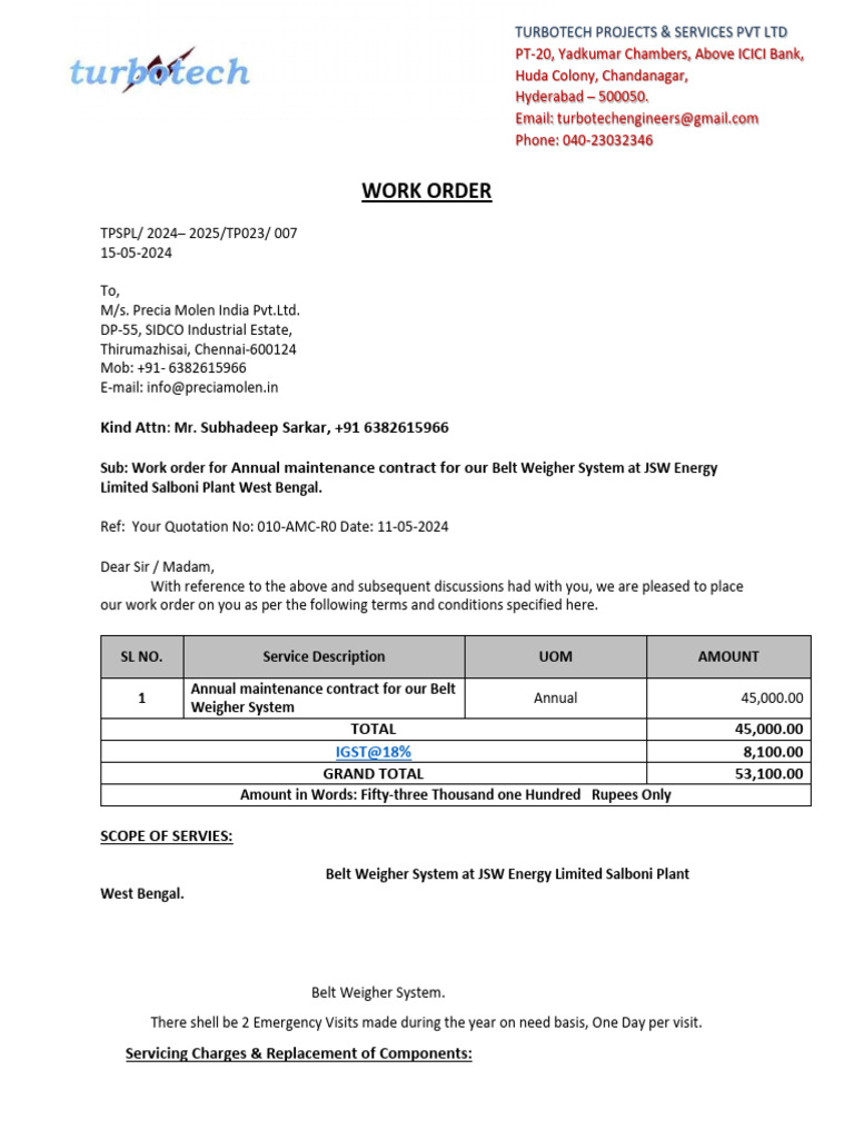 Work Order for Belt Weigher AMC | PDF