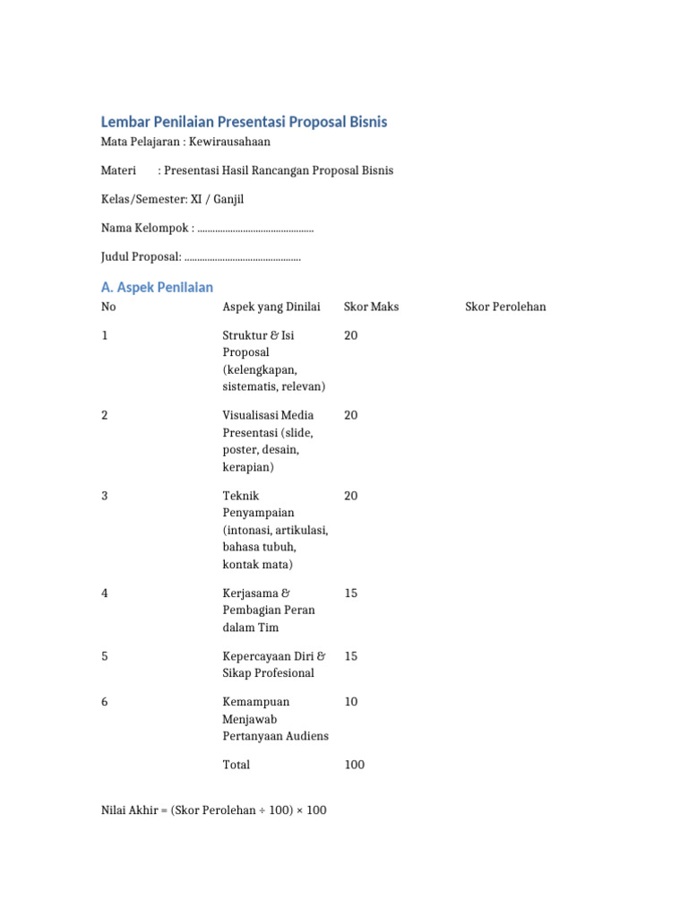 Lembar Penilaian Presentasi Proposal Bisnis | PDF