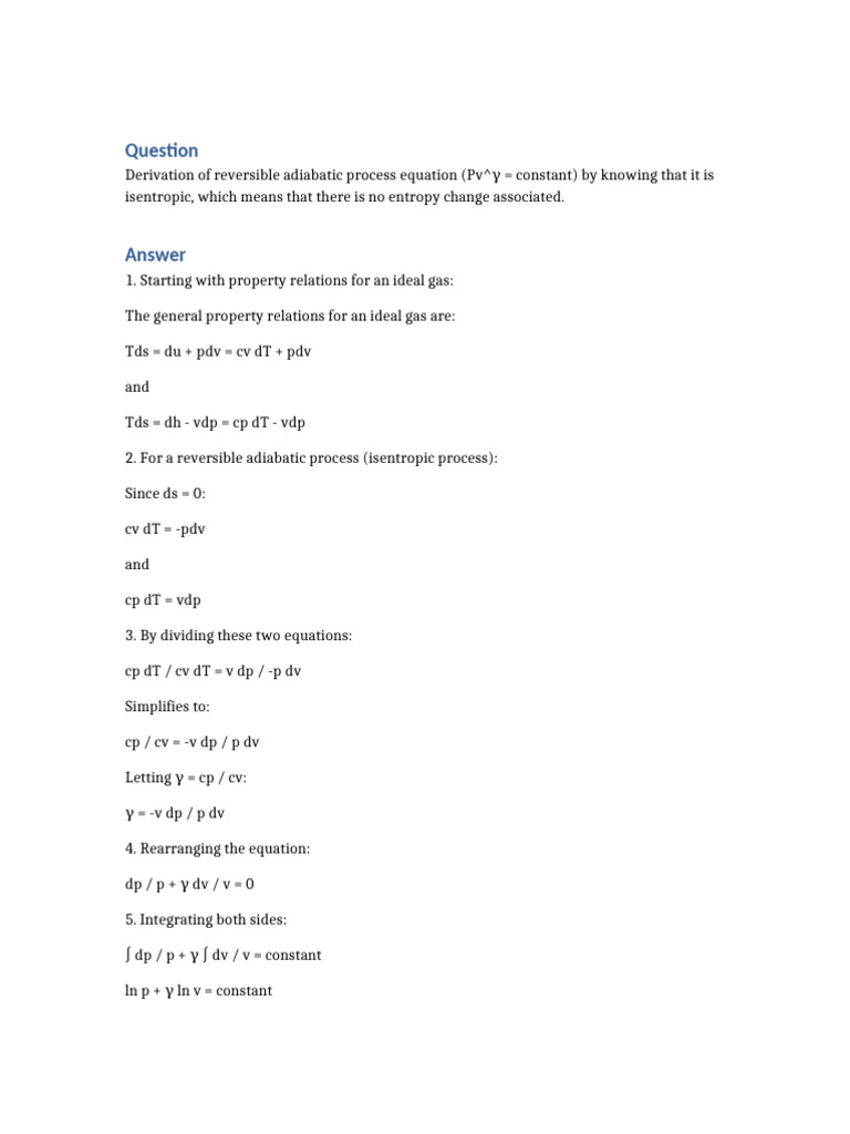 Reversible Adiabatic Process Derivation | PDF