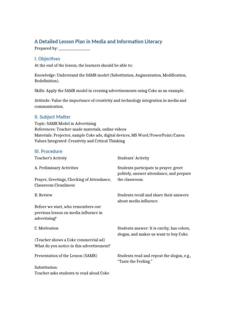 SAMR Model Lesson Plan for Advertising | PDF | Teachers | Lesson Plan