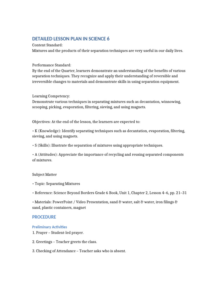 Lesson Plan: Separating Mixtures in Science | PDF | Filtration